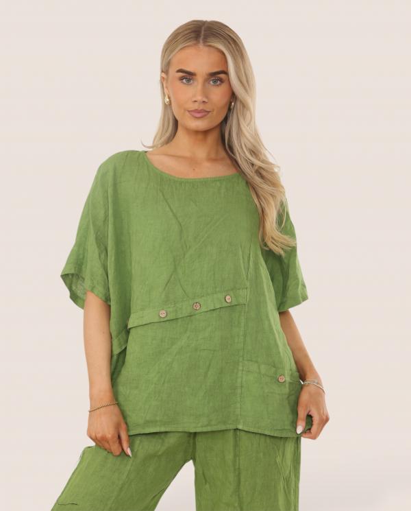 Green Linen Button Top - Rainbow & Spoon