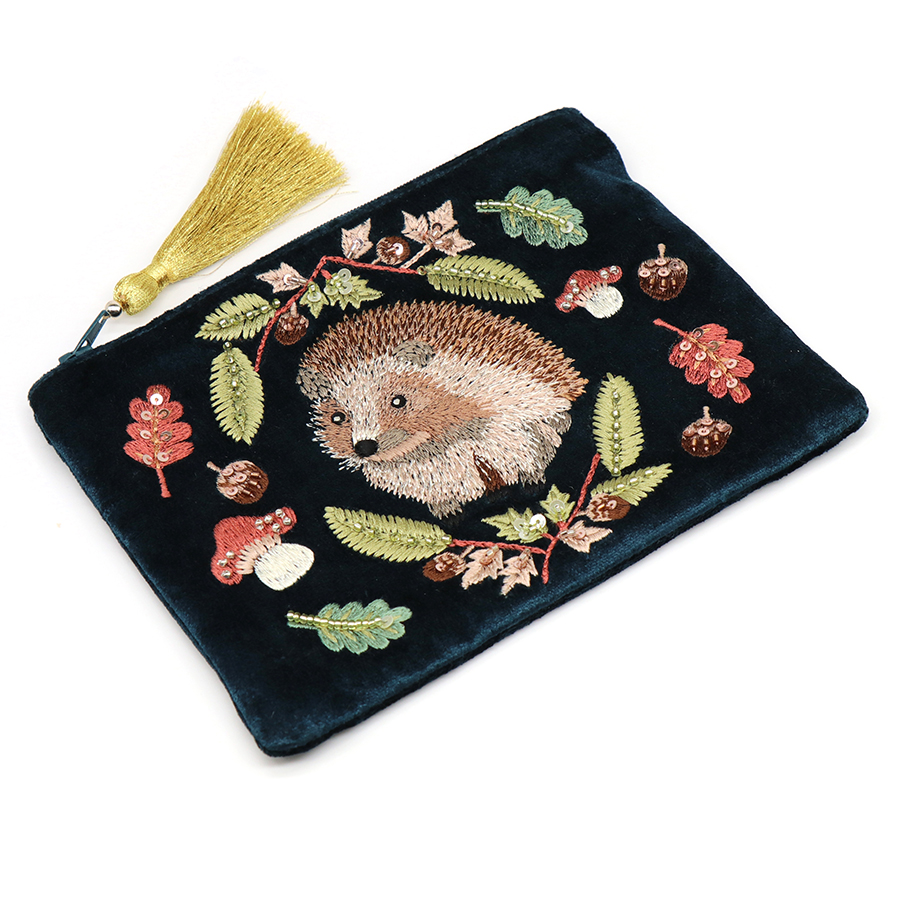 Embroidered Hedgehog Velvet Pouch - Rainbow & Spoon